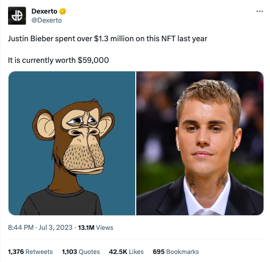 Джастин Бибер потерял $1,2 млн на инвестициях в NFT. Читайте на UKR.NET